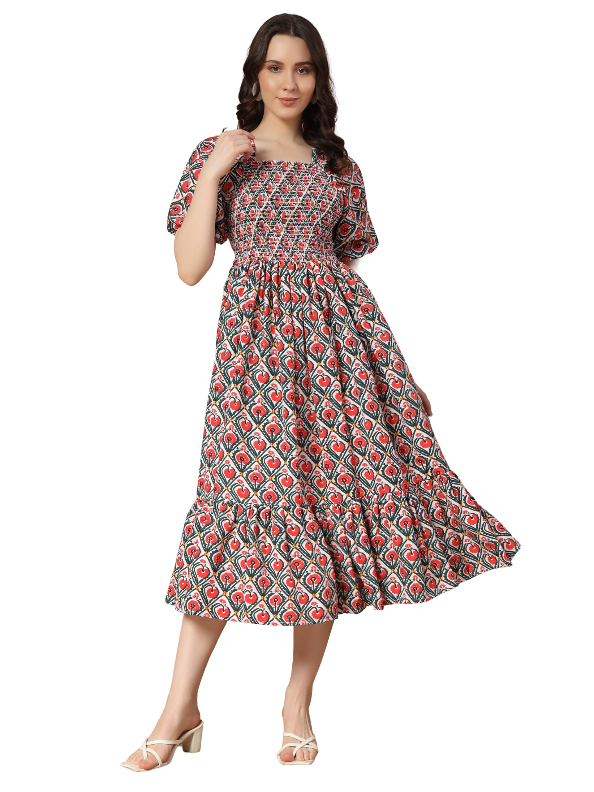 Kzully | Colorful Floral Print Midi Dress | Smocking And Elastic ...